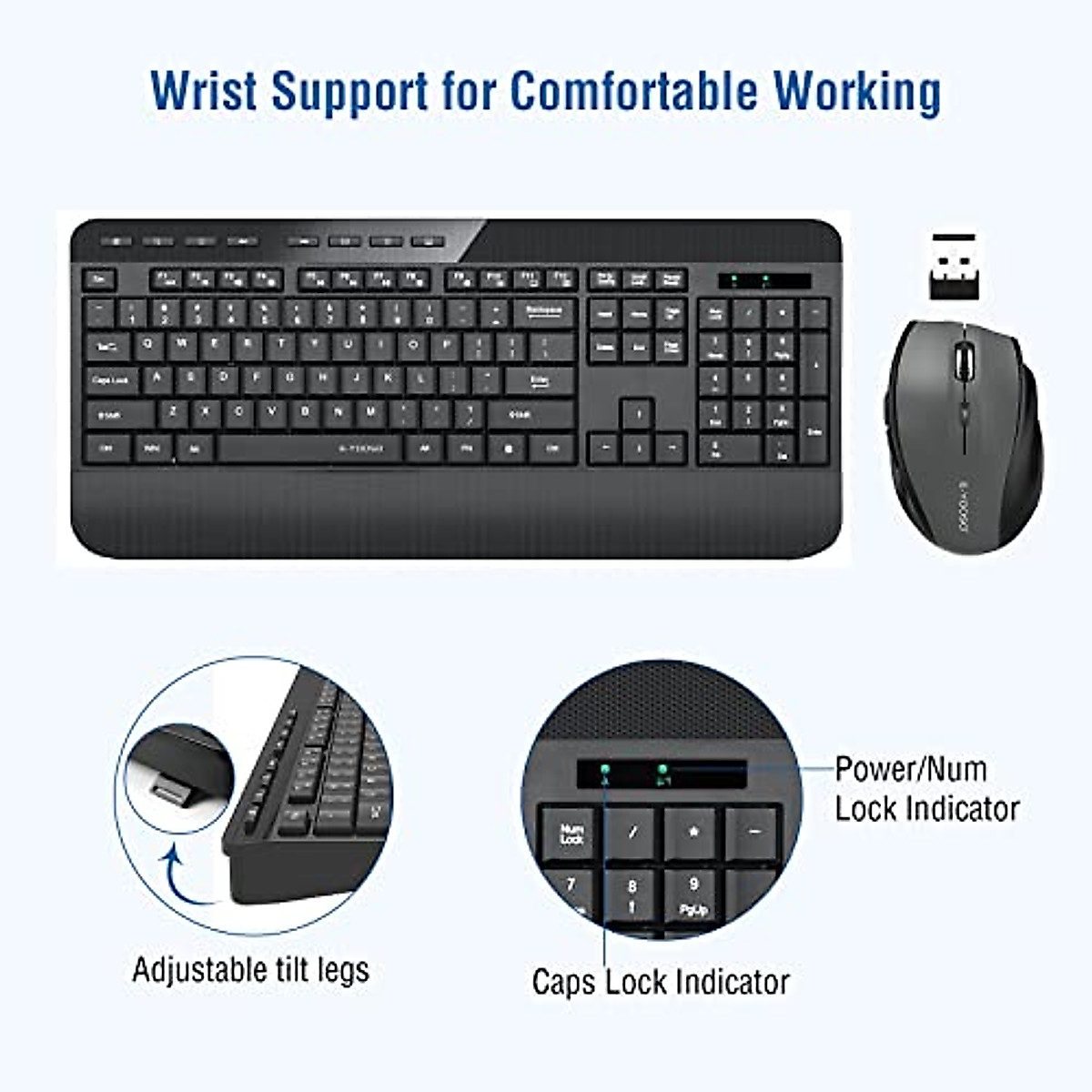 Wireless Keyboard and Mouse Combo, E-YOOSO 18 Months Battery Life Cordless Keyboard, 2.4G Full-Sized Ergonomic Keyboard with Wrist Rest, 3-Level DPI Mouse, Black Quiet Keyboard for Computer, Mac, PC