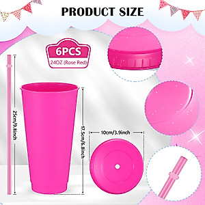 6 Pcs Reusable Tumbler with Lids and Straws Plastic Iced Coffee Tumbler Glitter Travel Mug Cup for Smoothie Juices Birthday Party Cold Drink Cup Coffee Cup Bulk for Adult Kid Women (Rose Red,24 oz)