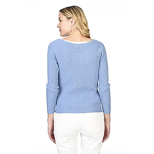 State Cashmere Women’s Easy V-Neck Ribbed Sweater 100% Pure Cashmere 3/4 Sleeve Pullover (Bella Blue, Large)