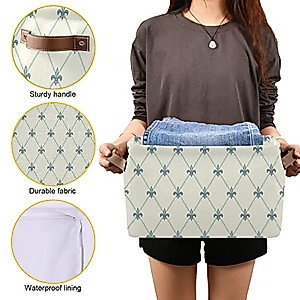 Fleur De Lis Storage Basket Floral Plaid Storage Organizer Box Bin Large Collapsible Cube Baskets with PU Handles for Shelf Closet Nursery Laundry 2 Pack