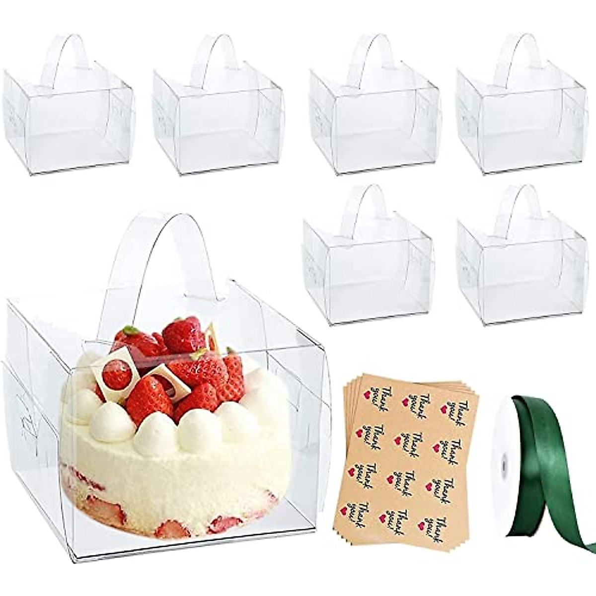 DNPHRPY 6X6X6 Inches 20pcs Clear Cake Boxes with Handles & Cake Boards, Bakery Box with Handles for Mother's Day Gifts, Desserts, and Cupcakes, Disposable Bakery Containers, 1 Ribbon & 4 Stickers