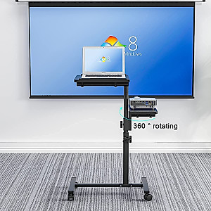 NC Furist Bedside Table Rolling Laptop Tray and Projector Cart, Height Adjustable Presentation Cart with Wheels | Overbed Table with Tilting Tabletop (QQ-15 Black))