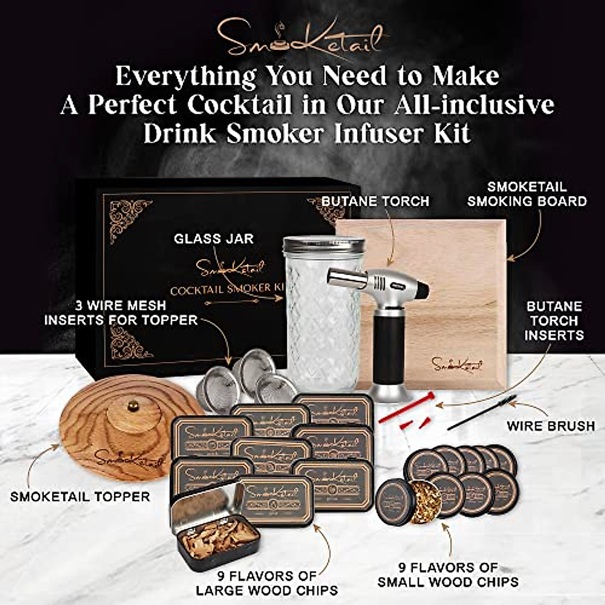 Smoketail Cocktail Smoker Kit with Torch, Topper, 9 Flavors and 18 Large and Small Wood Chips - Whiskey Smoker Kit, Old Fashioned Smoker Kit, Bourbon Smoker Kit, Drink Smoker (No Butane)