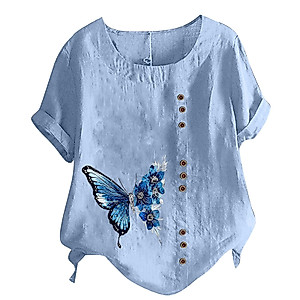 Cnebo Womens Loose Short Sleeve Short Sleeved Buttoned Shirt with Round Neck Printing T Shirt Tank Top Pocket Sleeve