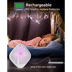 Electric Fly Swatter Foldable, Powerful 4000V Bug Zapper Racket, Mosquito Killer w/Purple Light, Rechargeable 1200mAh Insect Killer, 3-Layer Safe Design, Hanging Standing Portable for Indoor Outdoor