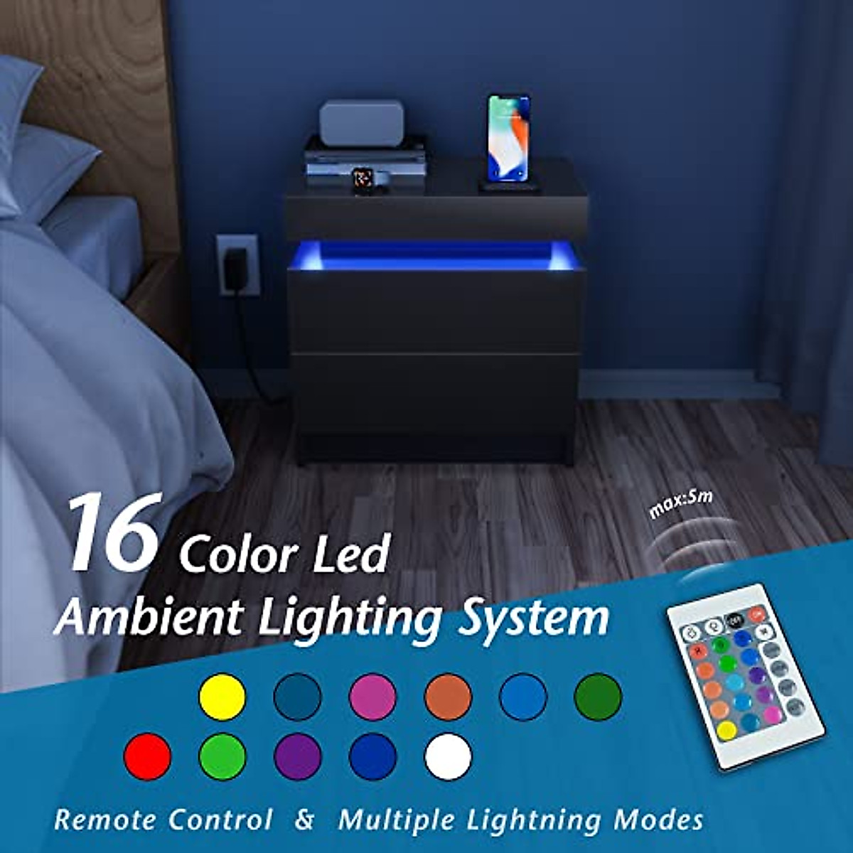 Semounva LED Nightstand with 2 Drawers, Black Modern Nightstands with Led Lights, Cool Light Up Flip Top Bedside Table Night Stand for Bedroom Furniture