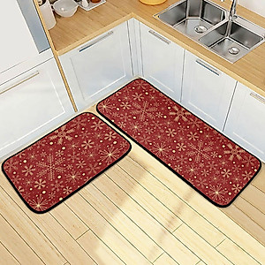 Pfrewn Red Golden Snowflakes Kitchen Rug and Mat Set of 2 Anti Fatigue Non Slip Washable Winter Christmas Glitter Snow Runner Rugs Floor Mats for X-mas Holiday Kitchen Laundry Room Home Decor