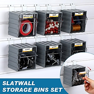 Huwena 6 Pack Slatwall Bins with Metal Utility Hooks Set Slat Wall Baskets Slatwall Tip Out Bin with Labels Wall Mount Slatwall Containers Hanging Storage Organizer for Garage Work Room Panel