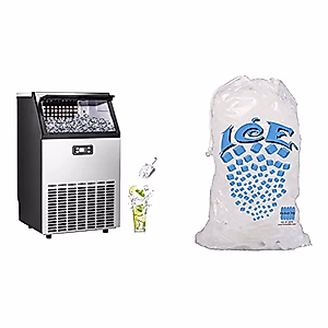 Electactic Ice Maker, Commercial Ice Machine,100Lbs/Day, Stainless Steel Ice Machine with 48 Lbs Capacity, Includes Scoop & Perfectware - PW Icebags-DS-100ct 10lb with Drawstring-100ct