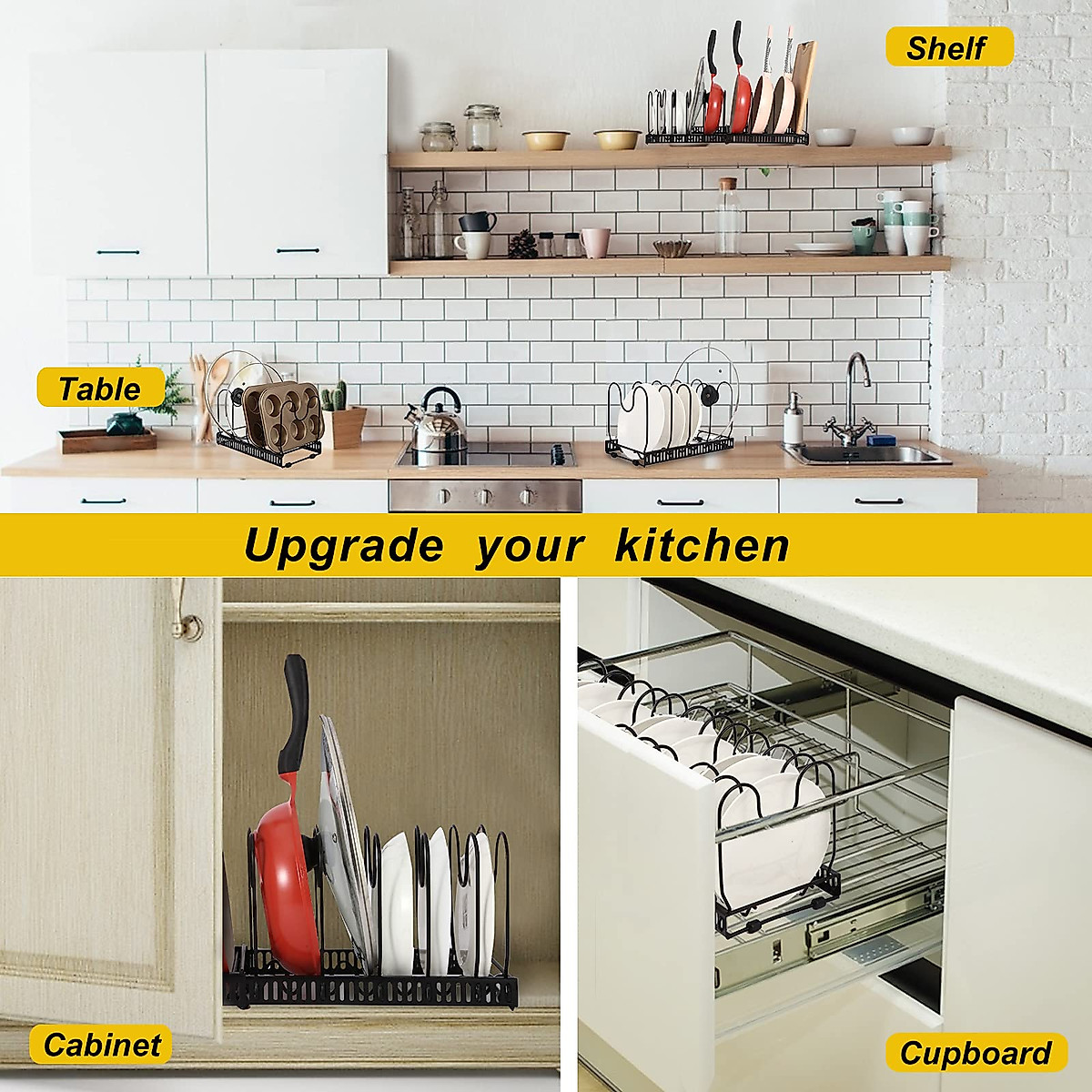 Pots and Pans Organizer Lid Organizer Dishes Bakeware Storage Rack Expandable Black Rack Holder with 10PCS Adjustable Compartment for Kitchen Cabinet Cupboard Drawer Counter