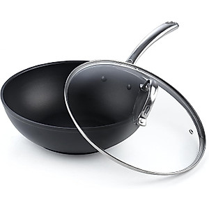 Cooks Standard Nonstick Stir-Fry Wok Pan 11-Inch, Hard Anodized Deep Frying Pan with Glass Lid, Flat Bottom, Black