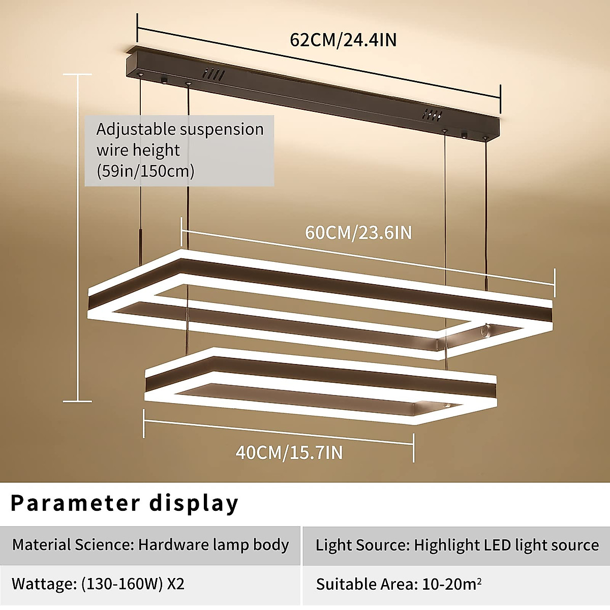 Modern LED Chandelier, Double Rectangles Ceiling Pendant Lights, LED Island Lights Dimmable Chandeliers for Dining Room Living Room Bedrooms, Black (40CM/60CM)