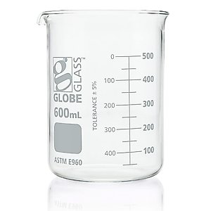 Globe Scientific Beaker, Globe Glass, 600mL, Low Form Griffin Style, Dual Graduations, 3.3 Borosilicate Glass, ASTM E960, 6/Box (8010600)
