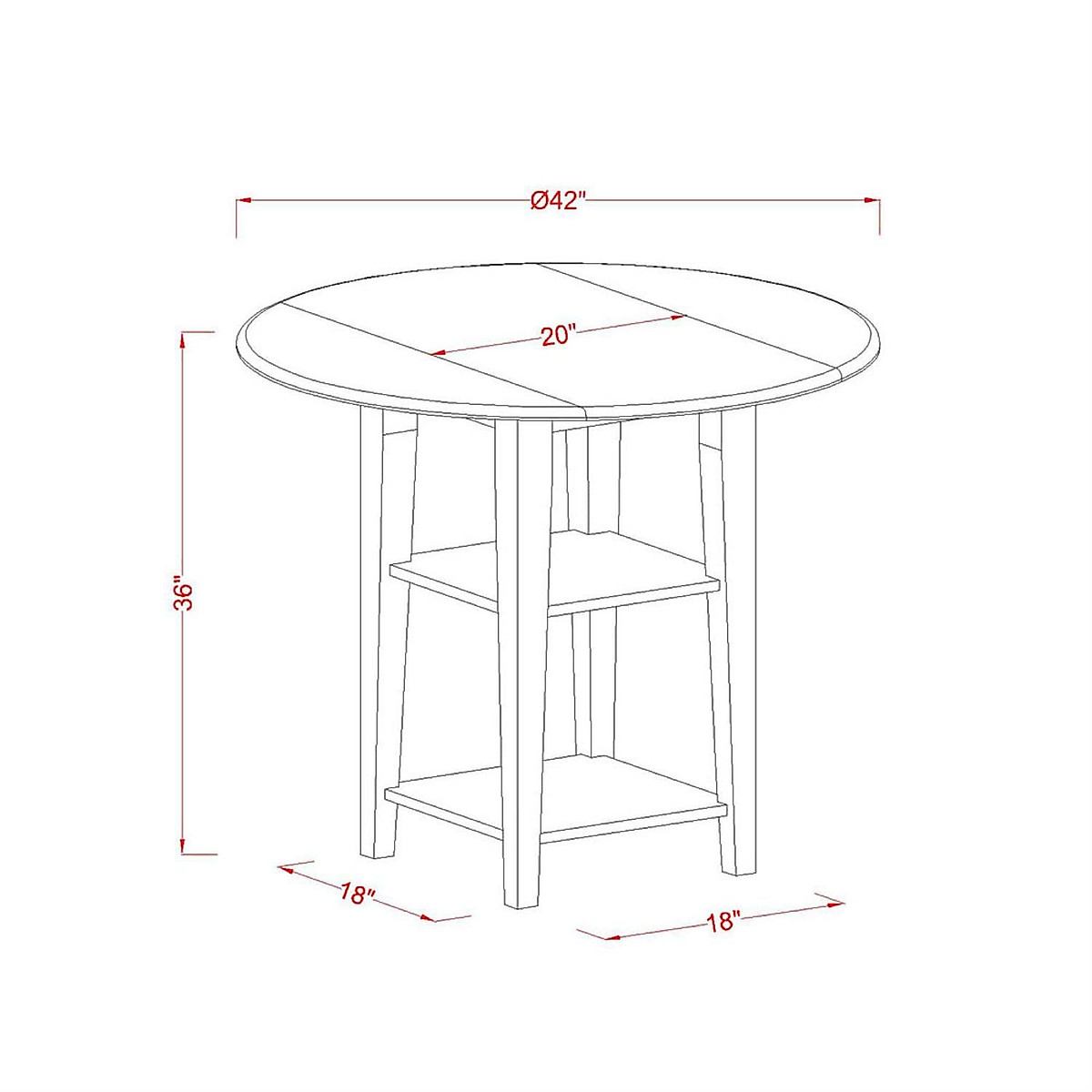 East West Furniture SUQU5H-BCH-W 5 Piece Counter Height Pub Set Includes a Round Dining Table with Dropleaf & Shelves and 4 Kitchen Chairs, 42x42 Inch, Black & Cherry