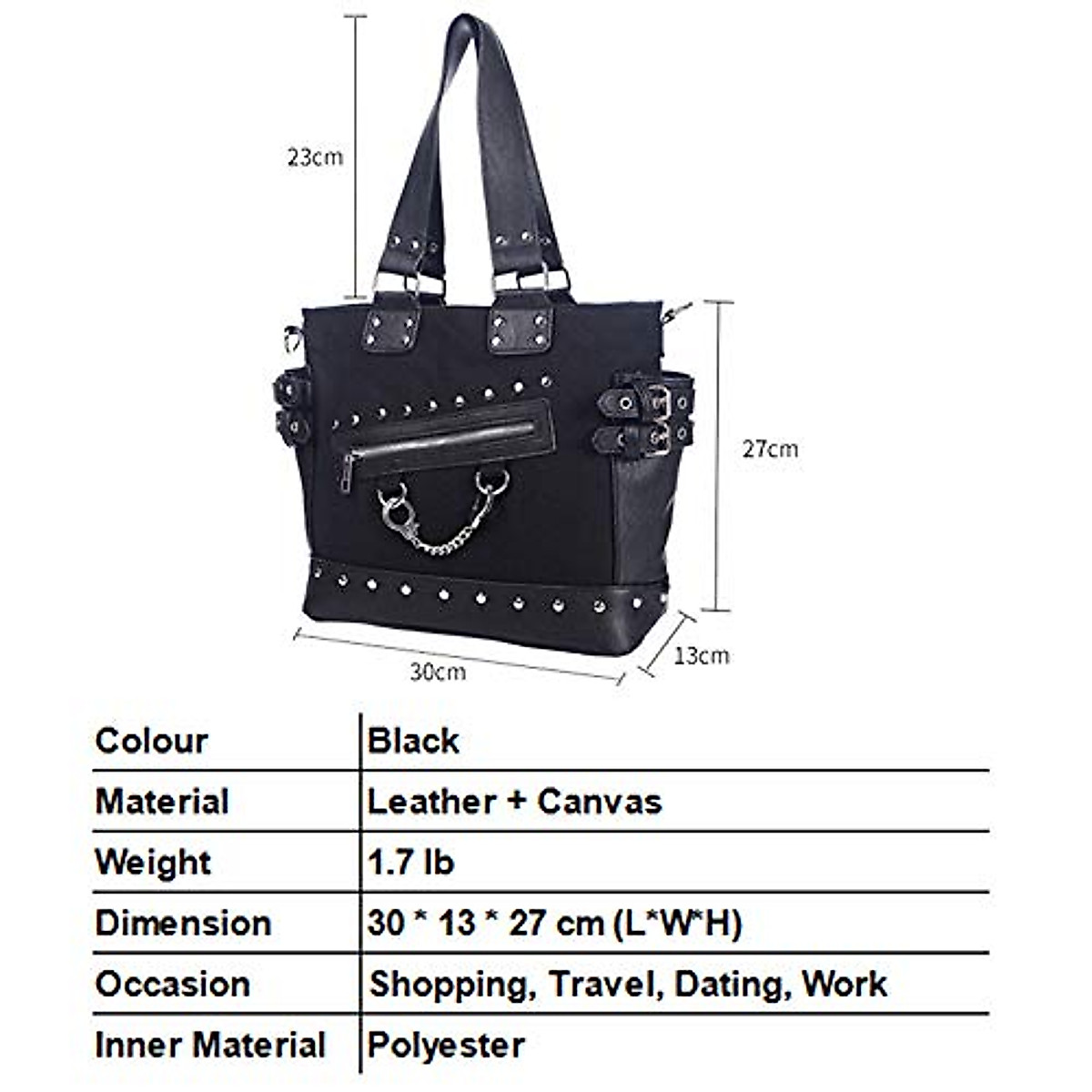 Women Fashion Rivet Handbag Purse Canvas Punk Tote with Shoulder Strap Crossbody Bag Large Capacity Black (Black)