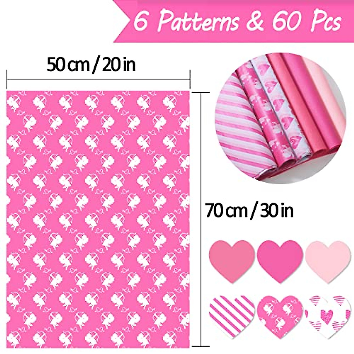 Kavoc 60 Sheets Huge Size Valentines Day Tissue Bulk, 20 x 30 inch Hot Pink Rose Red Love Heart Cupid Tissue Paper for Gift Wrapping, Gift Bags, Valentine's Day, Mother Plot, Birthday Party