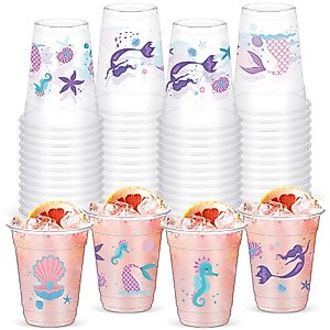 Yaomiao 50 Pieces Mermaid Party Cups Bulk 12 Oz Disposable Plastic Under the Sea Drinking Cups Mermaid Tail Shell Starfish Beverage Cups for Ocean Mermaid Birthday Baby Shower Party Supplies (Cute)