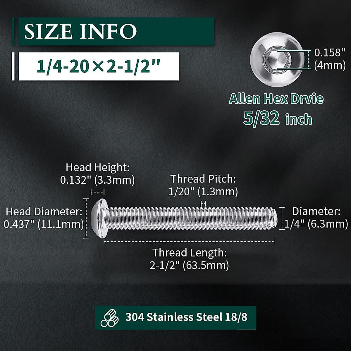 1/4-20 x 2-1/2" Button Head Socket Cap Bolts Screws, 304 Stainless Steel 18-8, Allen Hex Drive, Bright Finish, Fully Machine Thread, Pack of 20