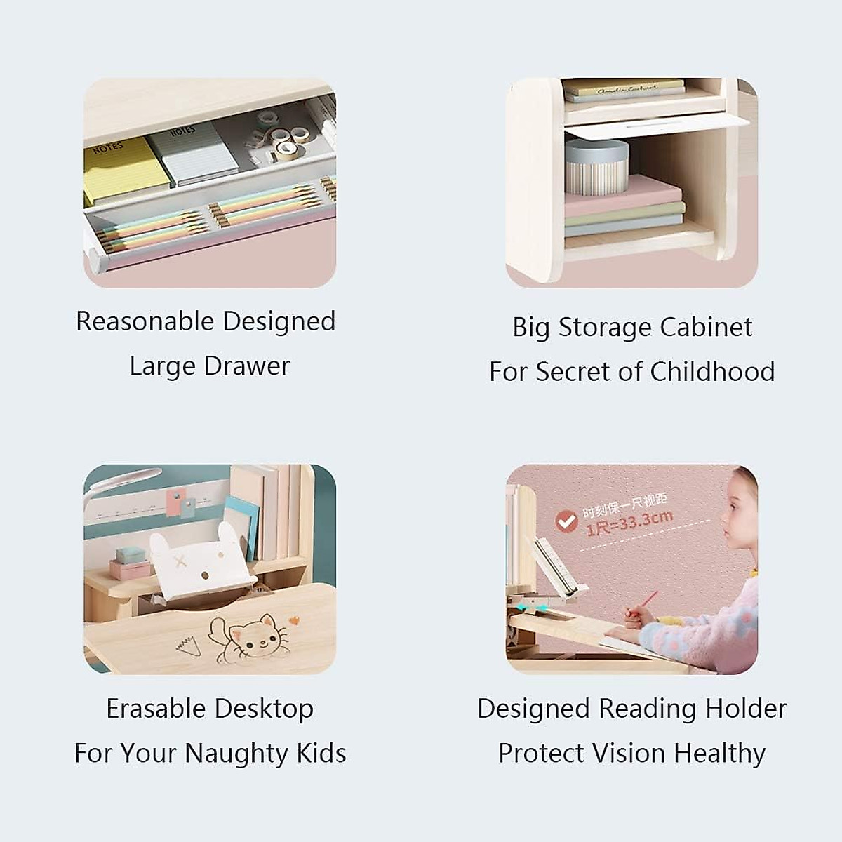 FCD Kids Desk, Wood Adjustable Height Ergomonoic Children Study Writing Reading Desk with Tiltable Desktop, Tablet Stand and Storage Drawers (Pink, Chair is not Included)