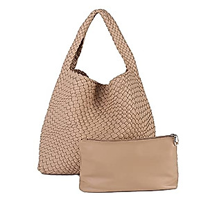 LMKIDS Women Vegan Leather Hand-Woven Tote Handbag Fashion Shoulder Top-handle Bag All-Match Underarm Bag with Purse (Khaki)