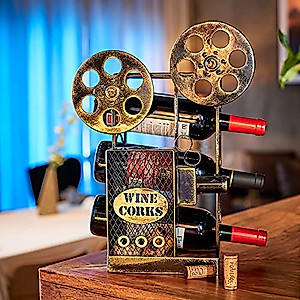 Aayla Tabletop Wine Rack – Retro Classic Movie Projector for Holding 3 Bottles with Cork Storage Perfect Wine Gift for Wine Lovers