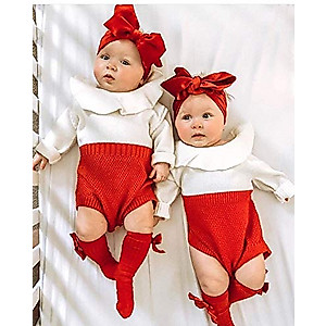 Urkutoba Baby Girls Romper Knitted Ruffle Long Sleeve Jumpsuit Baby Kids Girl Romper Autumn Winter Casual Clothing (0-6 Months, Red)