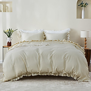 Simple&Opulence Kids 100% Organic Cotton Duvet Cover Ruffle- 3 Pcs (1 Comforter Cover 2 Pillowcases) Lace Shabby Chic High End Boho Floral Frill Bedding Set(Peach Pink,Queen)