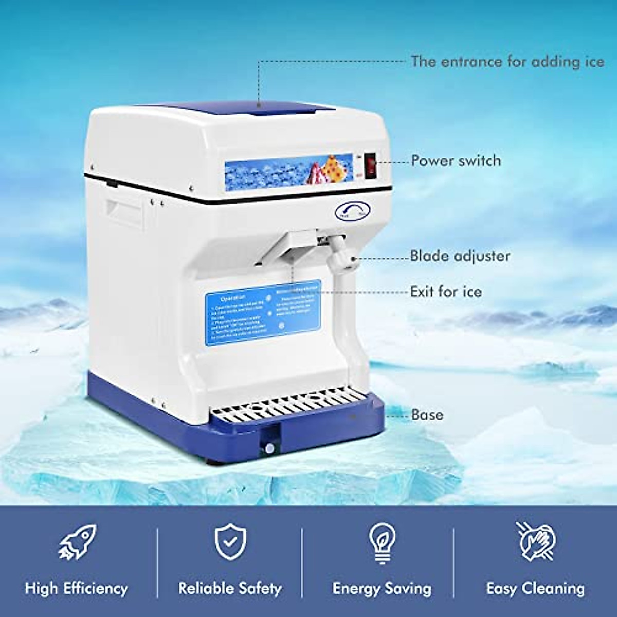 PETSITE Electric Ice Crusher Shaver, 250W Adjustable Shaved Ice Maker Machine, 265LBS/H, Snow Cone Maker for Home and Commercial Use, White Blue