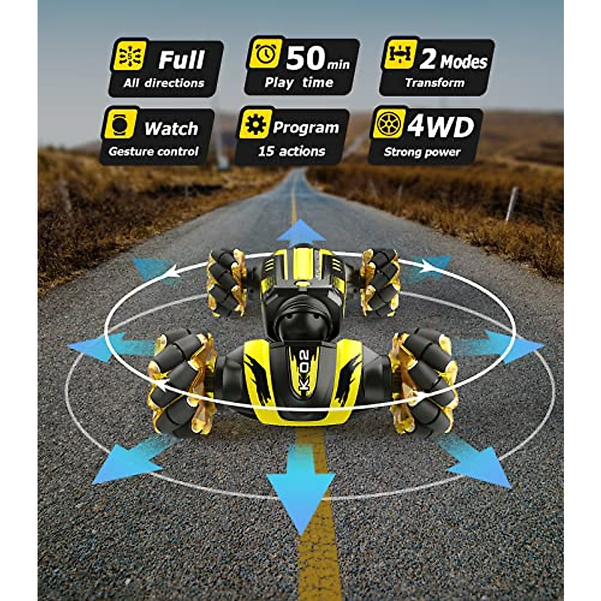 DODOELEPHANT Gesture Sensing RC Stunt Car, 1:12 Large Drifting Remote Control Car with Watch Hand Controlled, 4WD 12.5MPH Fast On/Off Road RC Cars Toys for Boys Adults Kids