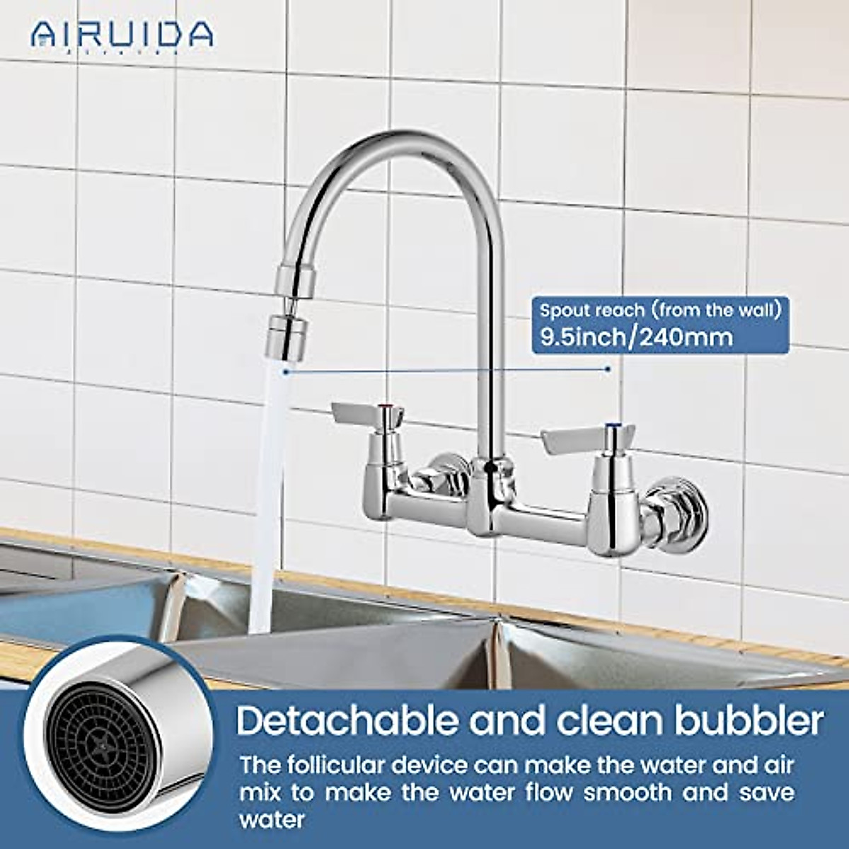 Airuida Chrome Polish Wall Mount Kitchen Sink Faucet, Wall Mounted Faucet 8 Inches Center, Wall Mount Commercial KinkFaucet, 2 Handle Restaurant Tap Swivel Spout Wall Mounted Utility Sink Faucets