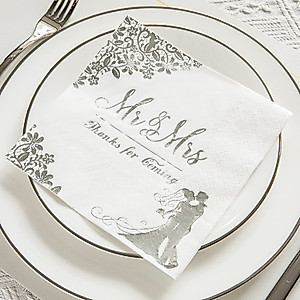 Silver 100 Pcs Wedding Napkins for Reception Mr and Mrs Wedding Cocktail Napkins, Disposable Napkins for Wedding, Engagement, Bridal Shower Party Decorations