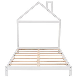 Lifeand Full Size Wood Platform Bed with House-Shaped Headboard for Kids Teens,No Box Spring Required,White