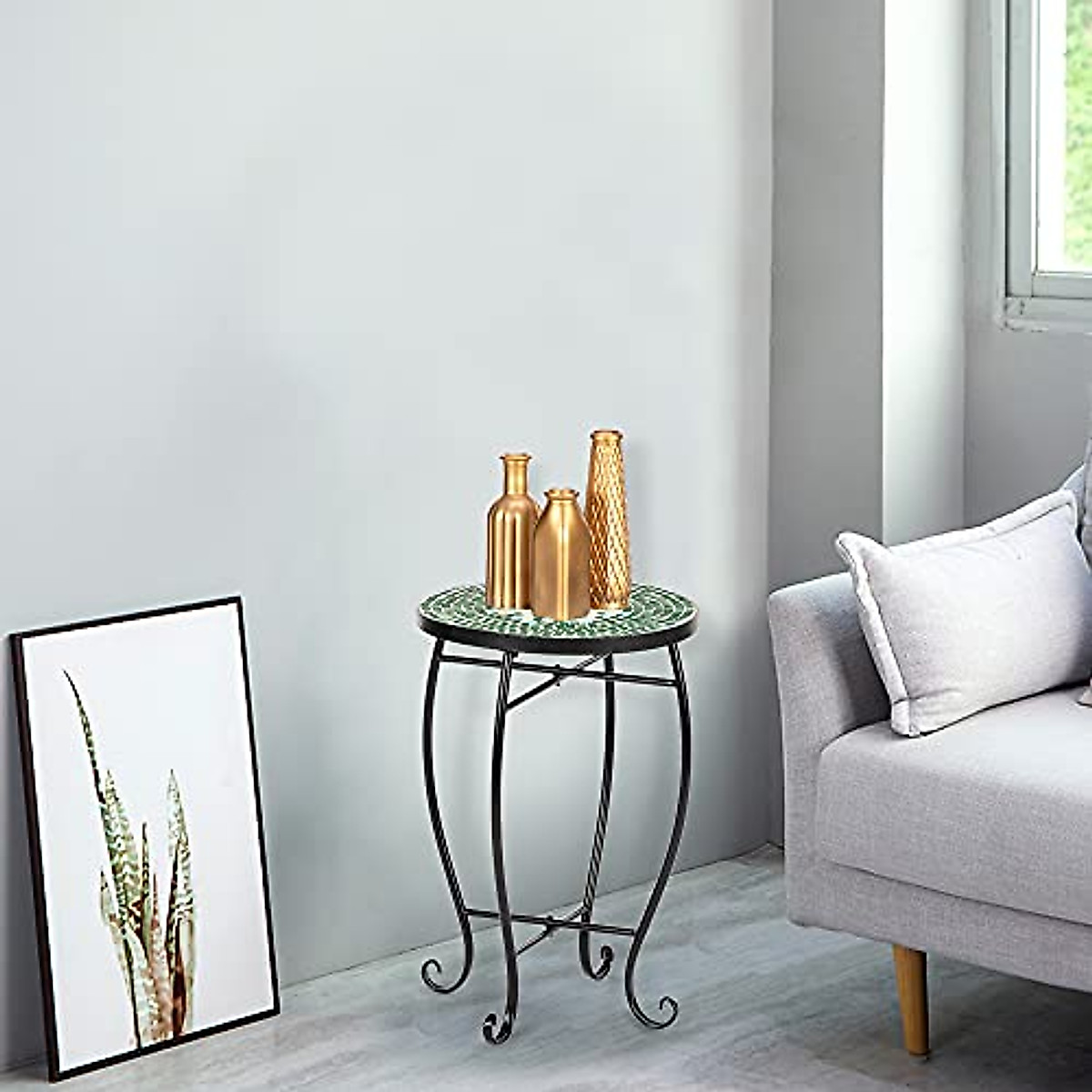 Henf Mosaic Side Table Outdoor Patio Accent Table, 14" Round Coffee Table End Table Plant Stand Decor for Porch Balcony Deck Pool