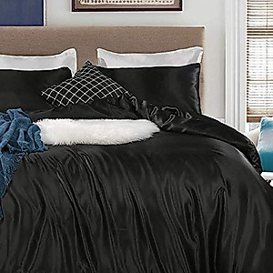 Ultra Soft Silk Like Satin 8 Piece Comforter Set ( Comforter + Duvet Cover + Flat Sheet + Fitted Sheet 15" Deep Pocket + 4 Pillow Cases ) Bedding Set Black , King