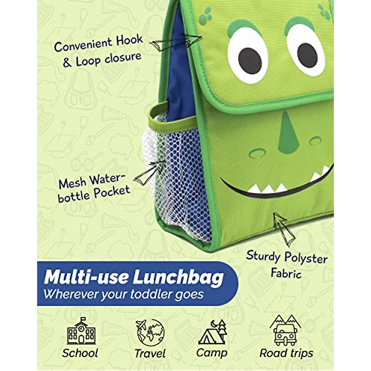 JOY2B Kids Lunch Bag - Insulated Dino Lunch Bag Kids with Water Bottle Holder - Reusable Snack Bags for Boys and Girls, Dinosaur Lunch Box Kids Perfect for School Camp Travel - Daring Dinosaur