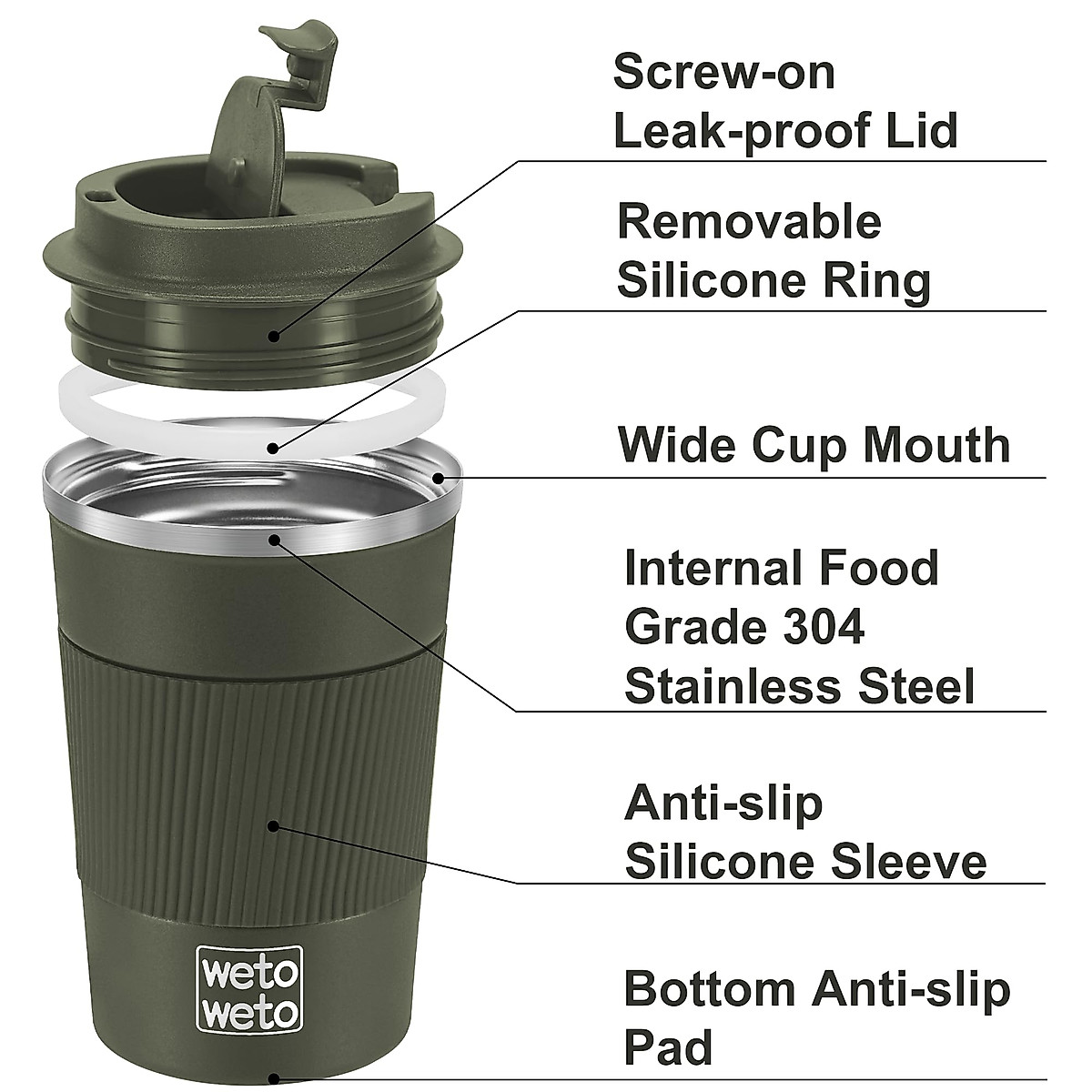 WETOWETO 12 oz Stainless Steel Insulated Tumbler, Spill Proof Coffee Travel Mug with Lid, Reusable Coffee Cups with lids, Portable Coffee Mug Thermal Cup for Keep Hot Ice Drink, (Green)