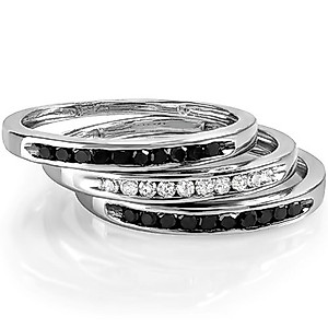 Dazzlingrock Collection 0.50 Carat (Cttw) Round Black and White Diamond Women 3 pcs Wedding Band 1/2 CT, Sterling Silver, Size 5.5