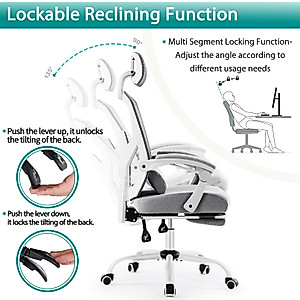 DUMOS Home Office Desk Chair with Footrest, High-Back Mesh Rolling Swivel Reclining Chairs with Wheels, Comfortable Headrest, Lumbar Support, Comfy Arms for Home, Office, Gaming, Student, Grey