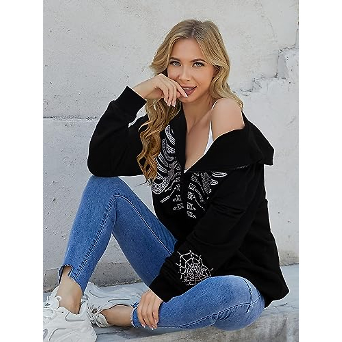 MOUSYA Women’s Skeleton Oversized Zip Up Hoodie Y2k Skull Sweashirt Rhinestone Graphic Hoodies Fall Long Sleeve Pullover Tops Black