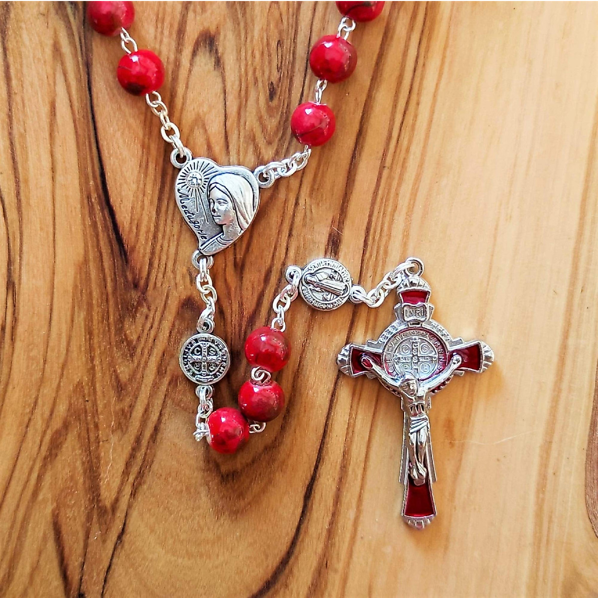 Murano Glass Red Catholic Rosary Beads | Blessed Virgin Mary/St Benedict Rosary | Medjugorje Handmade