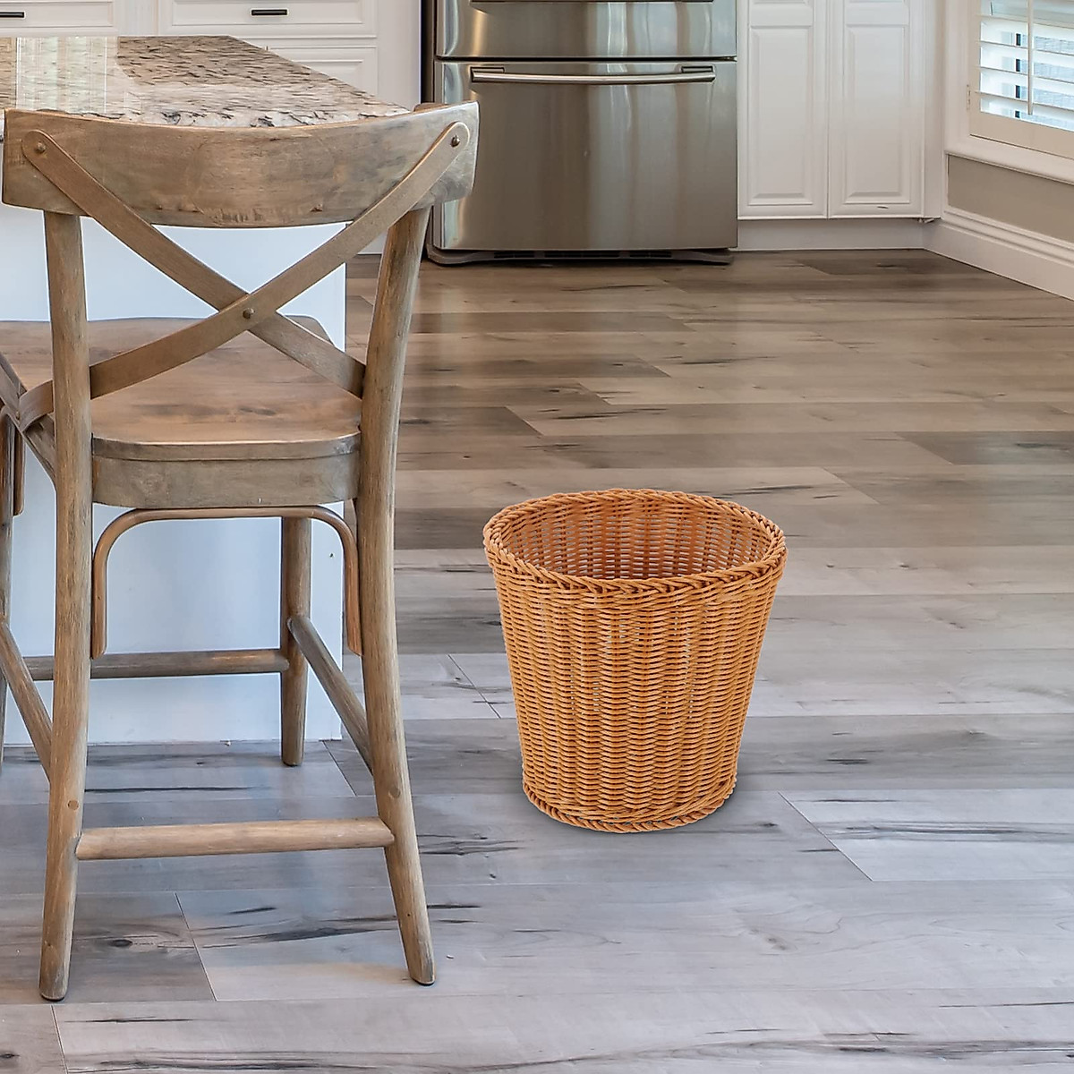 LIFKOME Round Rattan Waste Basket Woven Trash Can Paper Waste Basket Straw Wicker Sundries Storage Holder Garbage Container Bin for Bathroom Kitchen Office Brown