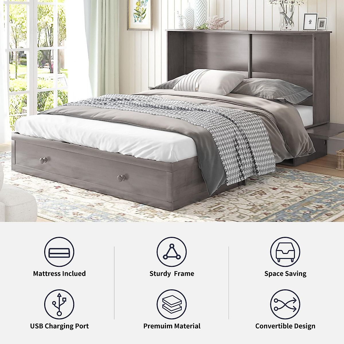 ijuicy Cube Murphy Bed Queen, Murphy Cabinet Chest Bed with Charging Station & 3 Level Foldable Memory Foam Mattress & & Large Drawer for Guests Room (Poplar Grey)