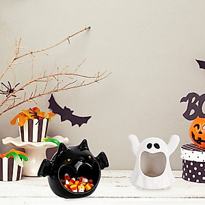 Whaline 2Pcs Halloween Candy Dish Holder Bat Ghost Ceramic Dish Halloween Candle Holder Cute Candy Bowl Holiday Tired Tray Decor for Trick or Treat Halloween Party Decoration Supplies Gift
