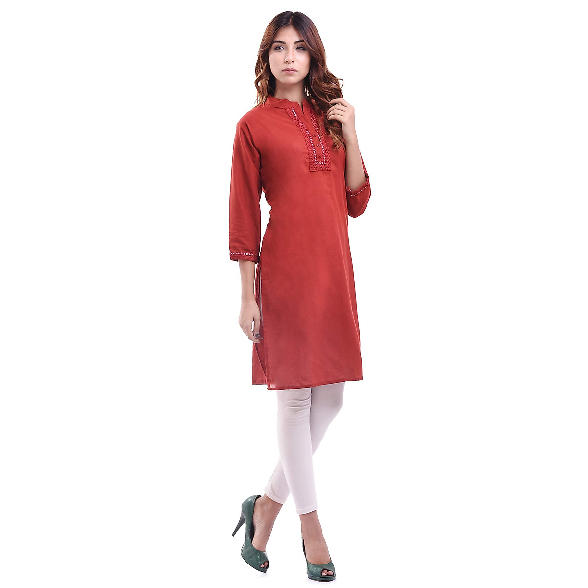 Indian Women's Plain Cotton Kurti Red Top By Chichi, XX-Large