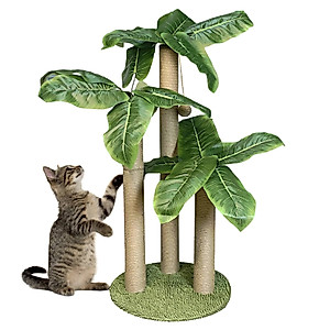 Fhiny 35.4"Tall Cat Scratching Post, Cat Scratcher with 3 Scratching Poles for Adult Kitten Scratching Tree Hanging Ball Toy Cute Canna Vertical Kitty Activity Center for Indoor Large Cat Kitty Rabbit