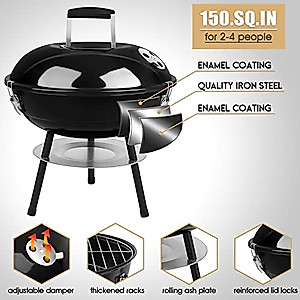 14 Inch Charcoal Grill, HaSteeL Portable & Mini BBQ Grilling Smoker, Great for Outdoor Cooking Backyard Garden Camping Picnic Barbecue, Enamel Black Lid, Plus a Screwdriver
