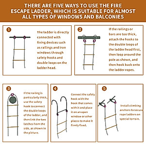 5M 16 FT Emergency Fire Escape Ladder Flame Resistant Safety Rope Escape Ladder with 2 Hook Carabiners for Kids and Adults Fast to Deploy Sturdy and Strong Portable and Reusable, Tested to 2000 Pounds
