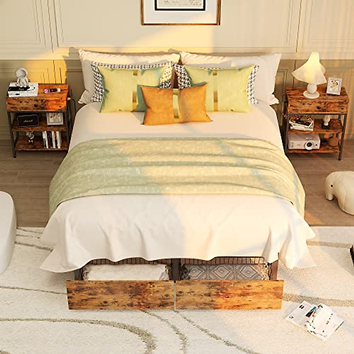 IRONCK Full Bed Frame with Storage Drawer, Platform Bed Frame Queen Size Wooden Board Decor, Strong Steel Slat Support, No Box Spring Needed, Space-Saving