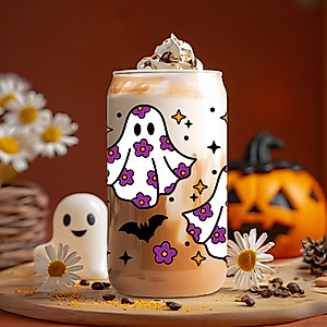Coolife Purple Flower Ghost Halloween Cup, Cute Daisy Ghost Iced Coffee Cup, 16oz Floral Ghost Halloween Tumbler Glass Cups w/Lids Straws - Boo Basket Stuffers for Her, Halloween Gifts for Women Girl