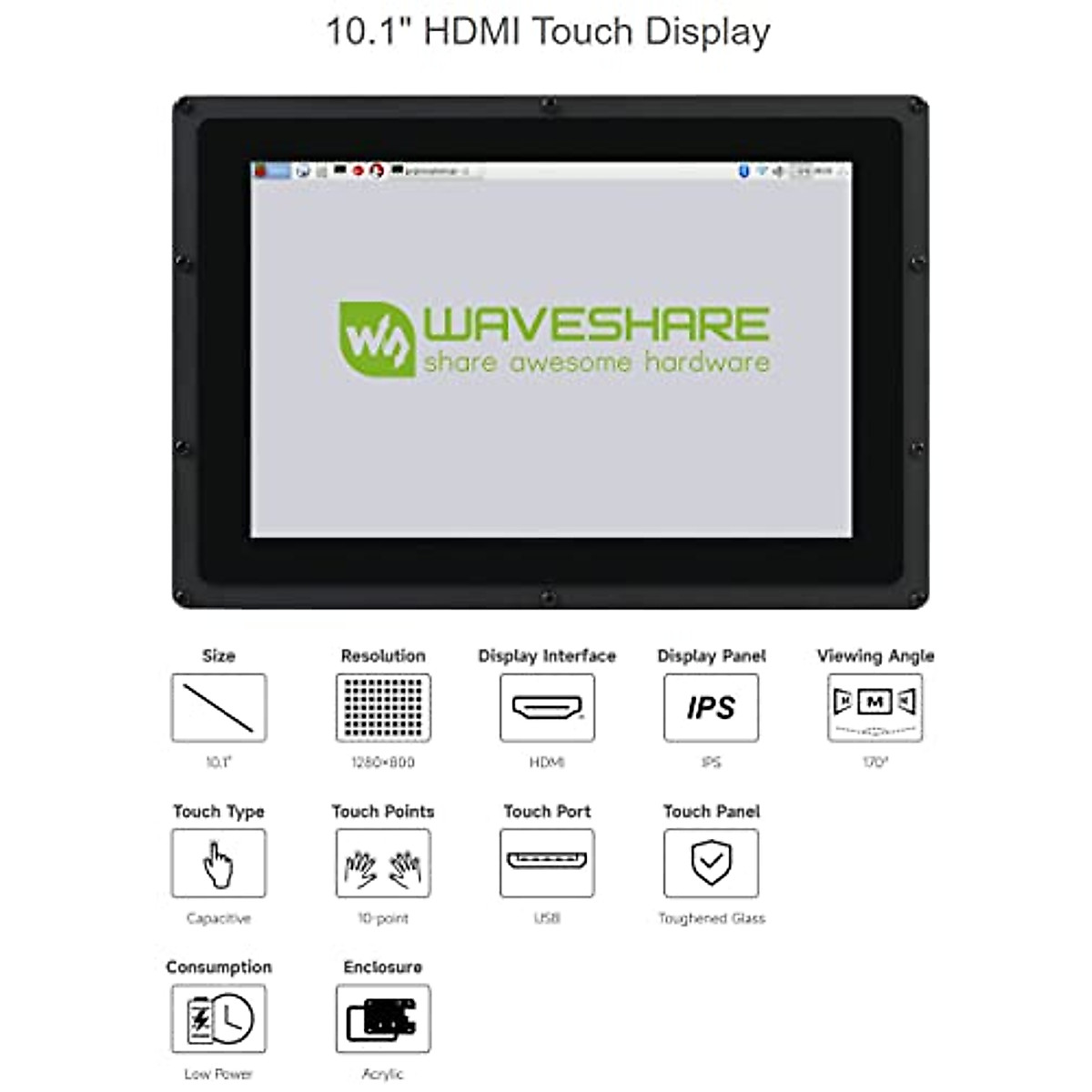 Waveshare 10.1 inch Capacitive Touch Screen LCD IPS Screen 1280x800 Hardware Resolution Supports Multi Mini-PCs and Multi Systems